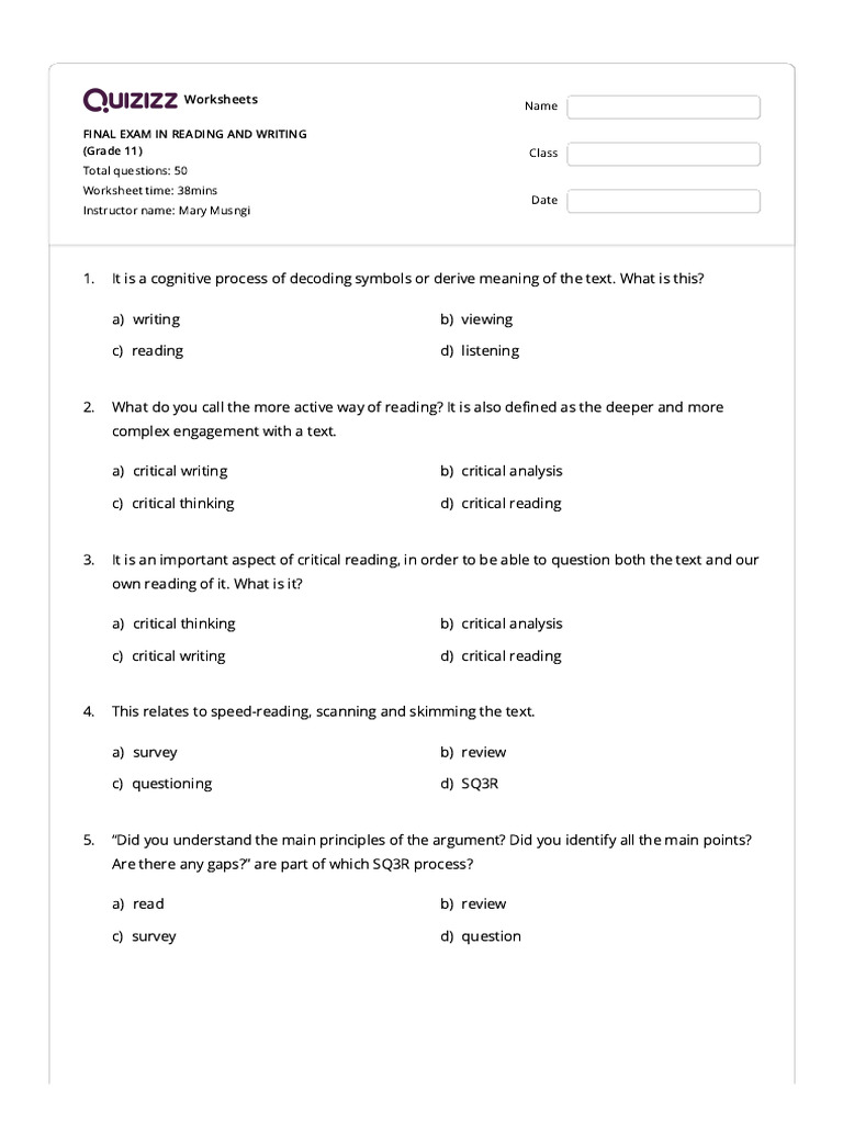 Grade 11 Reading & Writing Exam | PDF | Critical Thinking | Intertextuality