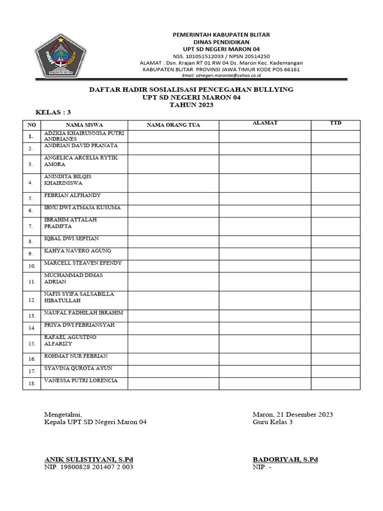Contoh Daftar Hadir Bullying | PDF