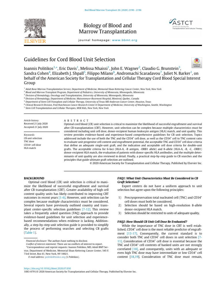 Cord Blood Unit Selection Guidelines | PDF | Human Leukocyte Antigen ...