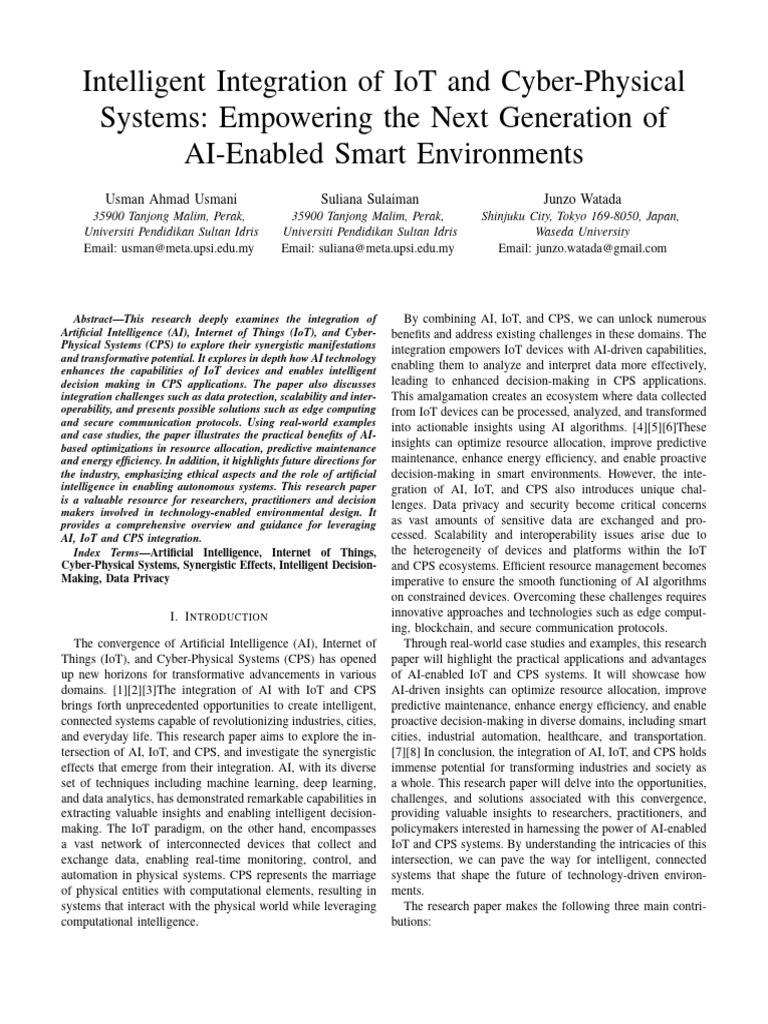 Intelligent Integration of IoT and CyberPhysical Systems Empowering The ...