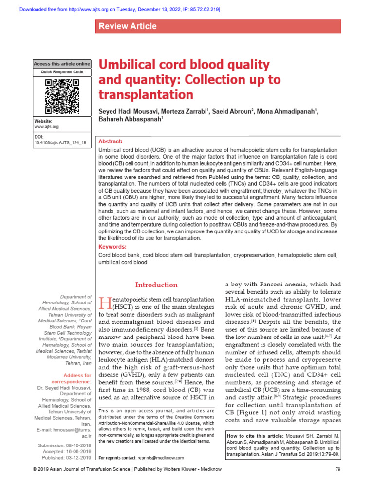 Umbilical Cord Blood Quality | PDF | Hematopoietic Stem Cell ...