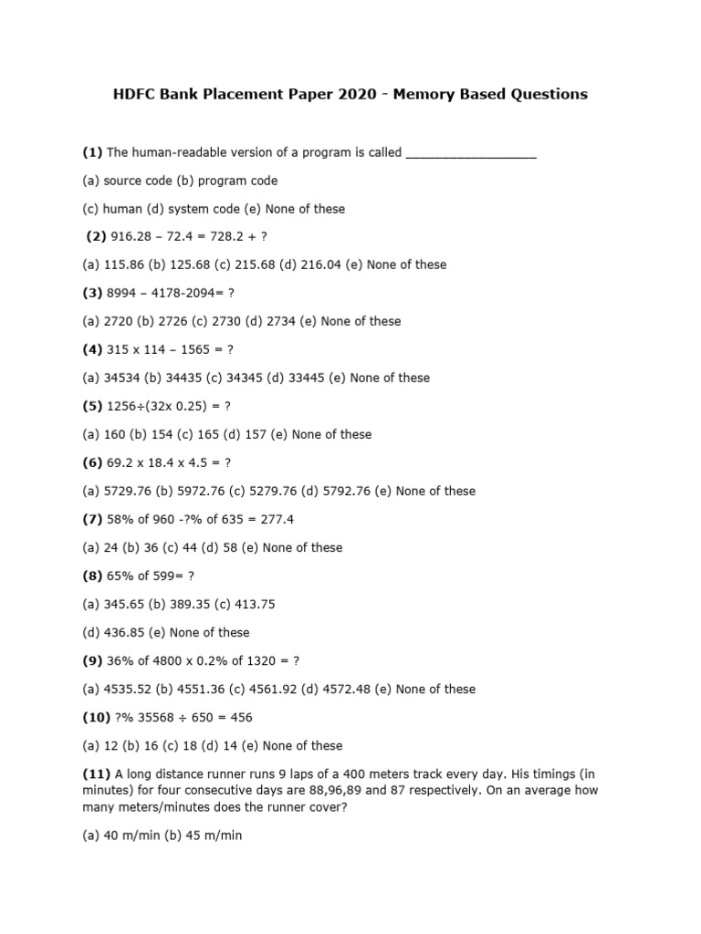 HDFC Bank 2020 Placement Questions | PDF | Technology & Engineering