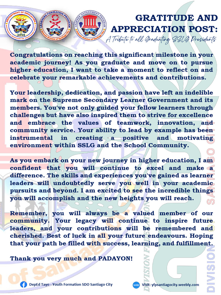 Tribute to Graduating SSLG Leaders | PDF | Career & Growth
