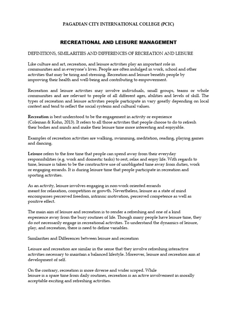 Understanding Recreation and Leisure Management | PDF | Recreation ...