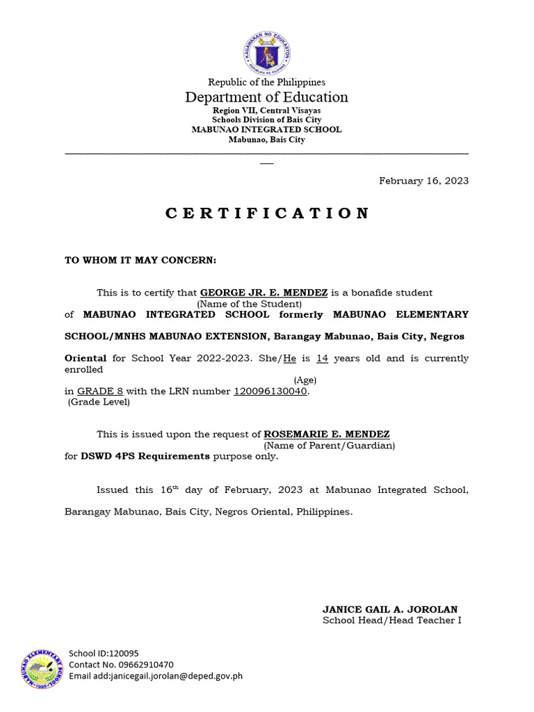 Certificate of Enrollment 4PS | PDF