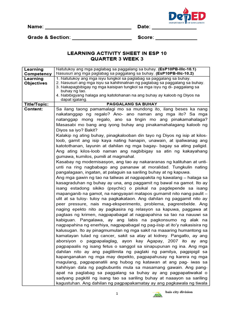 LAS - ESP - Quarter 3 Week 3-4 | PDF