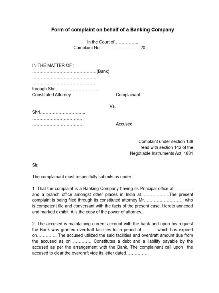 Form of Complaint On Behalf of A Banking Company | PDF | Cheque ...