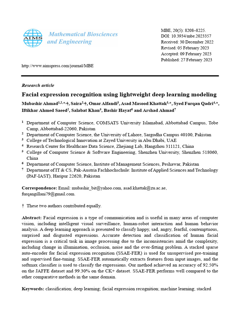 Facial Expression Recognition Using Lightweight Deep Learning Modeling ...