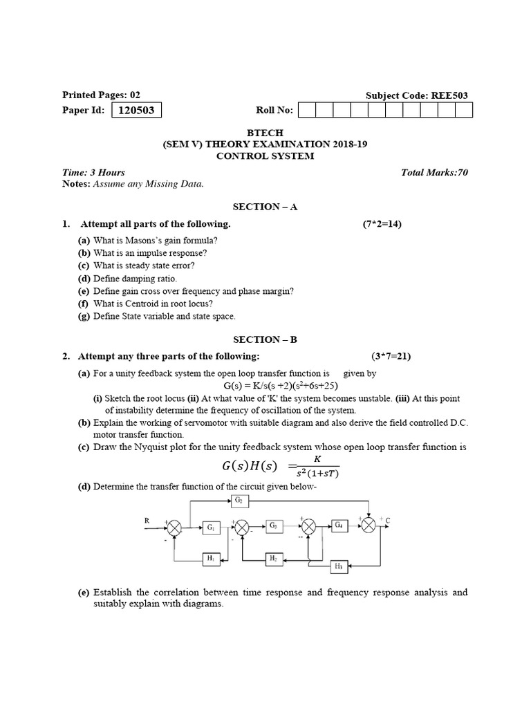 BTech Control Systems Exam | PDF | Control Theory | Feedback