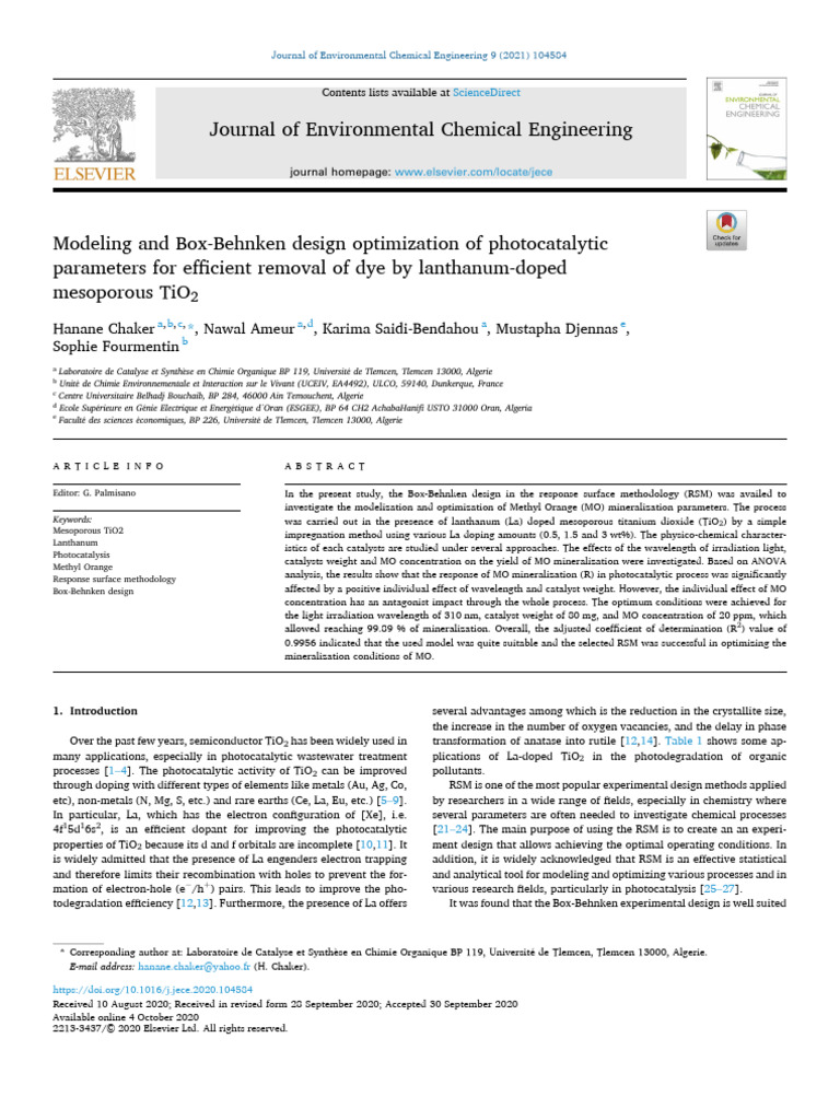 Modeling and Box-Behnken Design Optimization of Photocatalytic Parameters For Efficient Removal ...