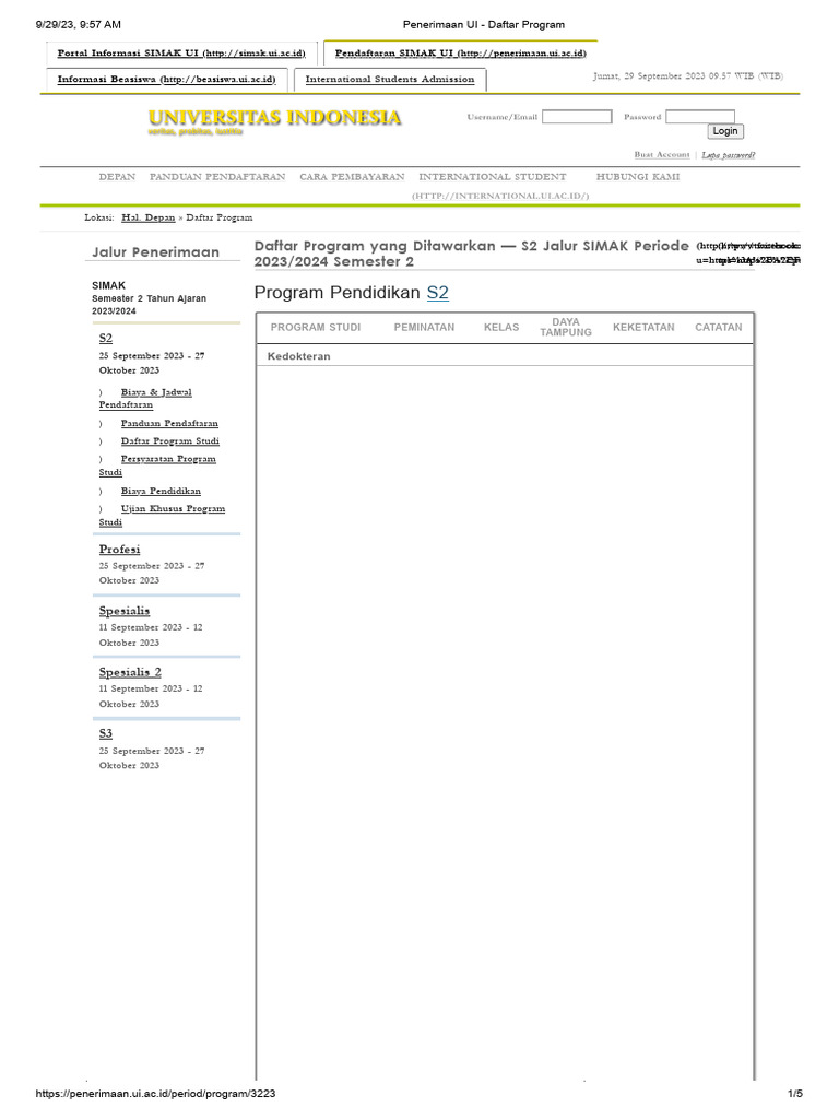 Penerimaan UI - Daftar Program | PDF