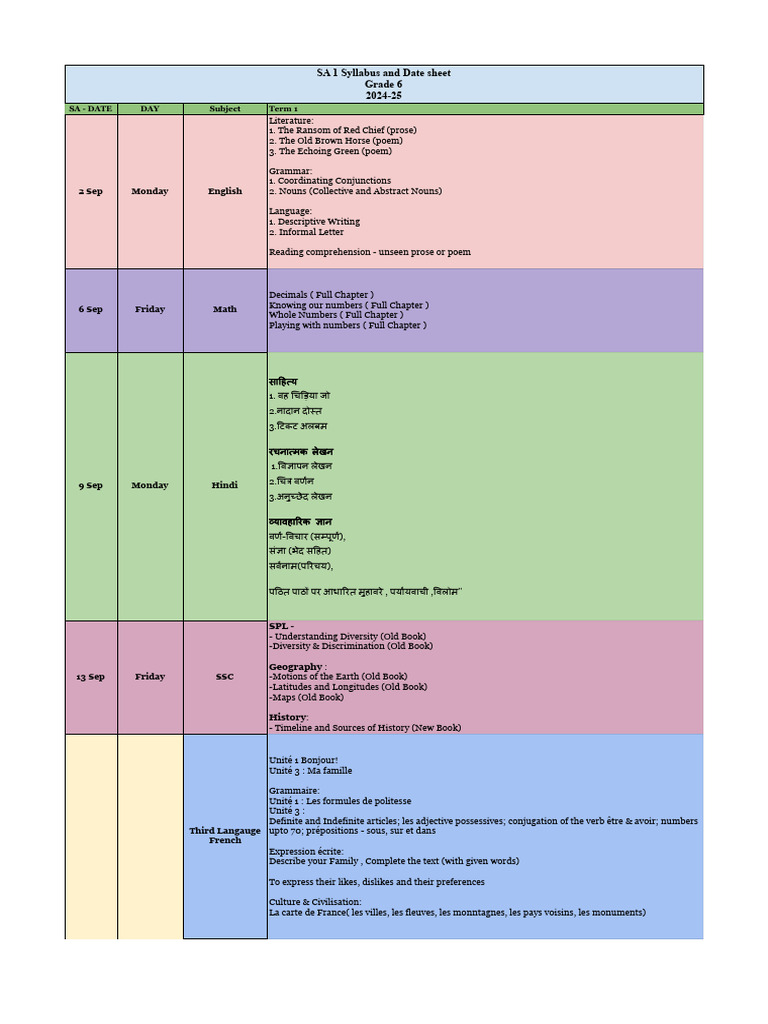 Grade 6 Summative Assessment Datesheet and Syllabus (AY 24-25) | PDF ...