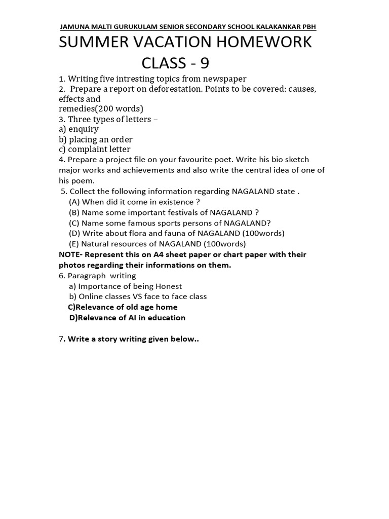Class 9 Summer Holiday Homework June 2024 | PDF