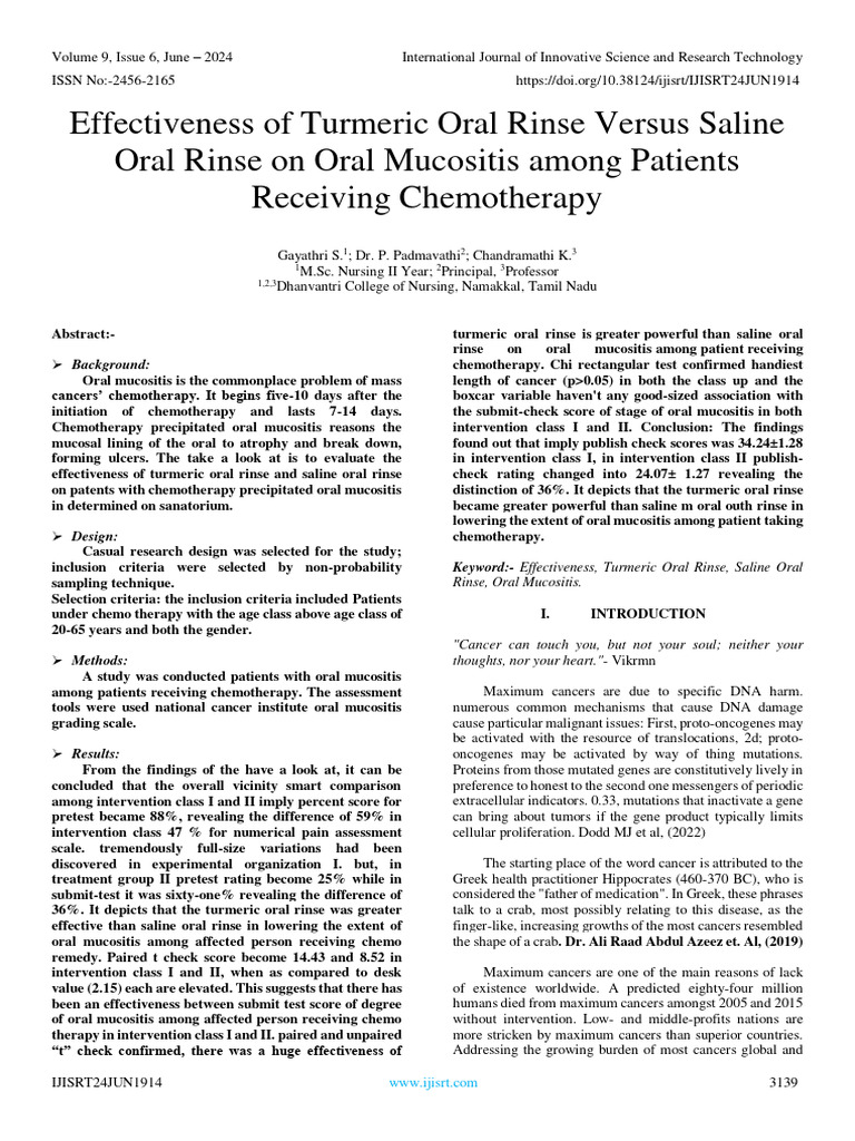 Effectiveness of Turmeric Oral Rinse Versus Saline Oral Rinse On Oral ...