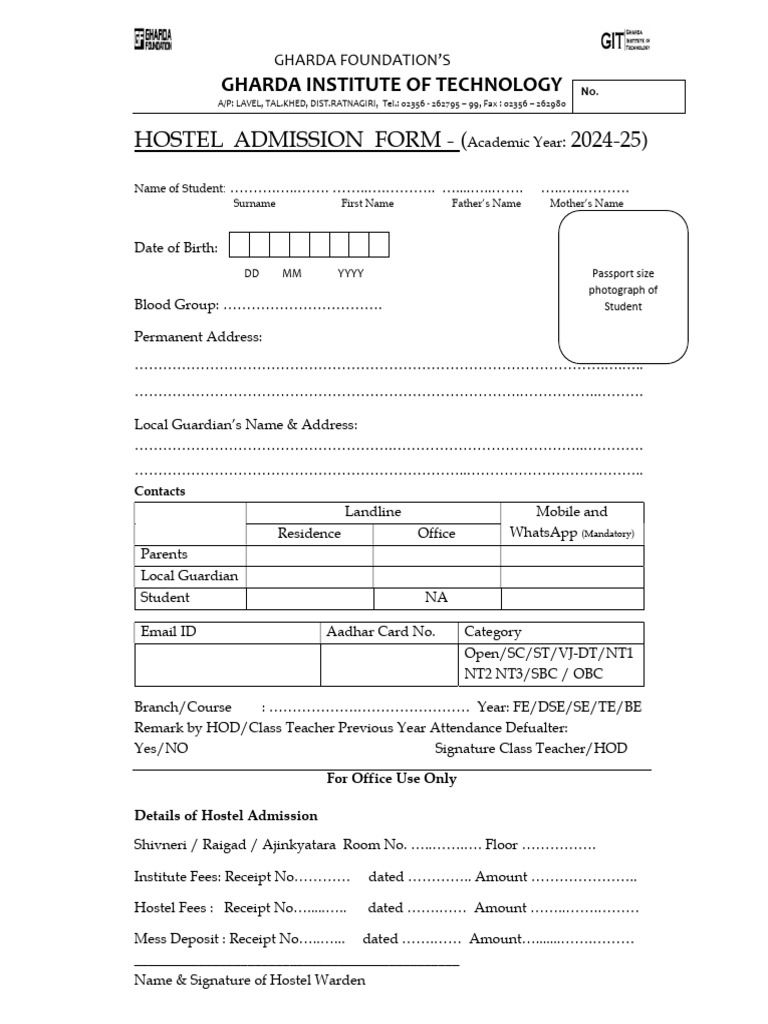 Hostel Admission Form 2024-25 | PDF | Government | Justice
