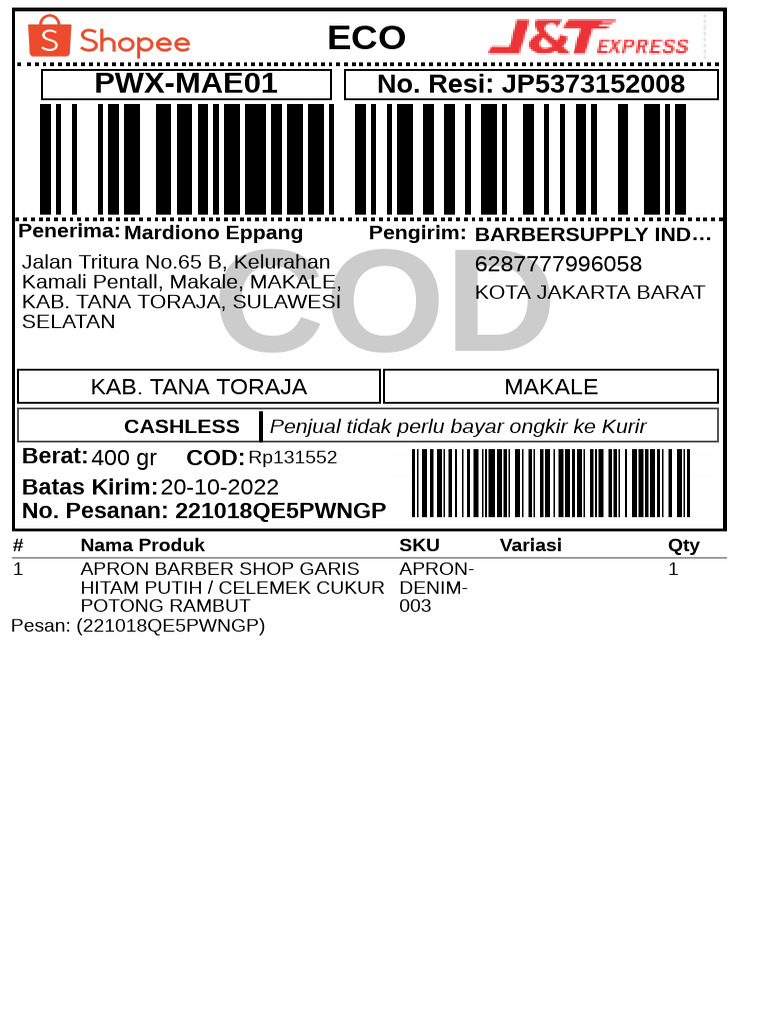 LABEL SHOPEE BSI 1 (1-10) Cek | PDF