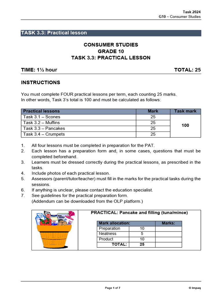 Consumer Studies Grade 10 Task 3.3: Practical Lesson TIME: 1 Hour TOTAL ...