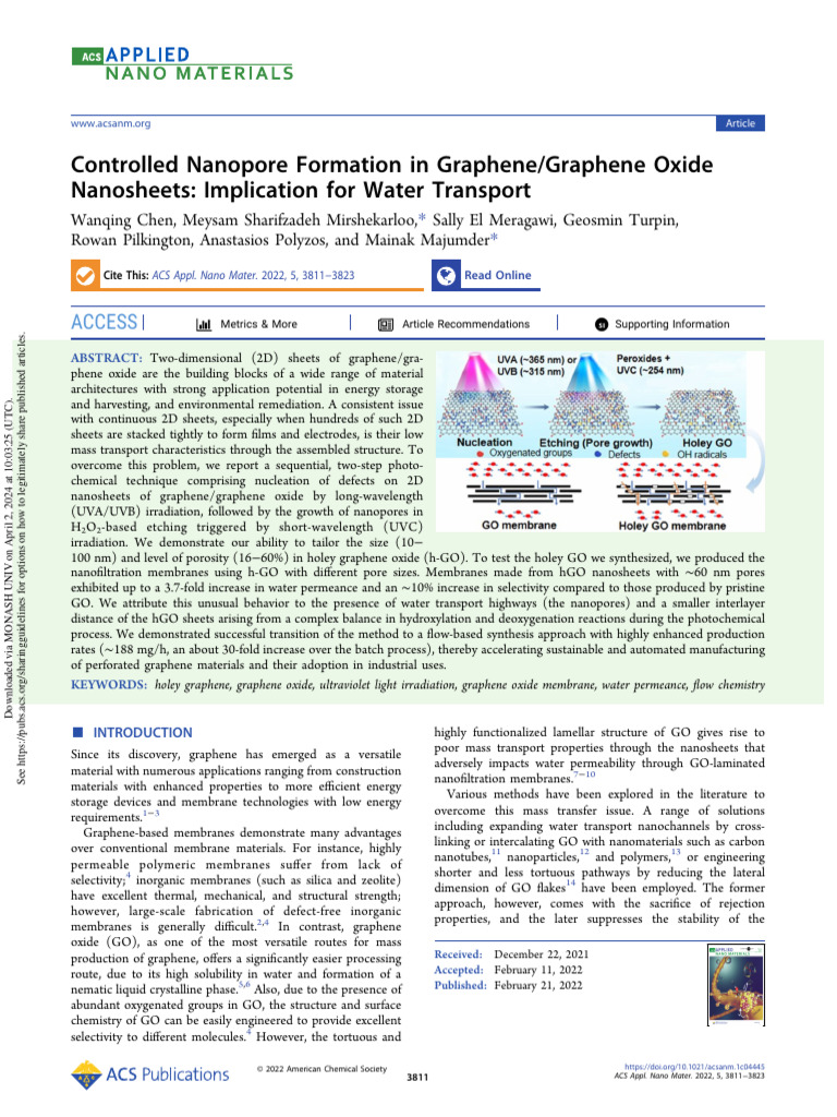 Chen Et Al 2022 Controlled Nanopore Formation in Graphene Graphene ...