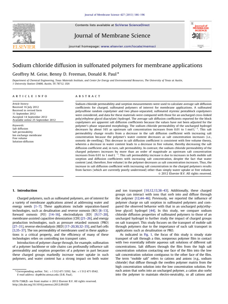 Sodium Chloride Diffusion in Sulfonated Polymers For Membrane Applications | PDF | Salt ...