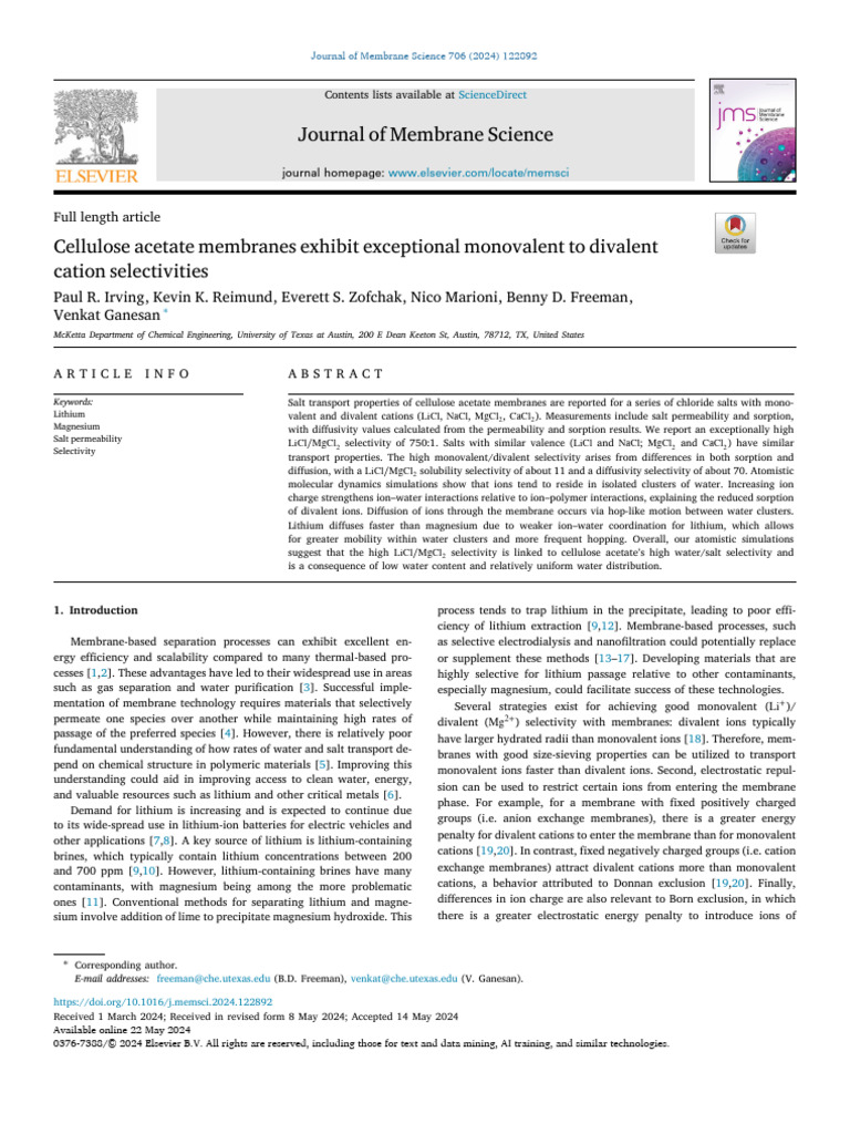 Cellulose Acetate Membranes Exhibit Exceptional Monovalent To Divalent ...