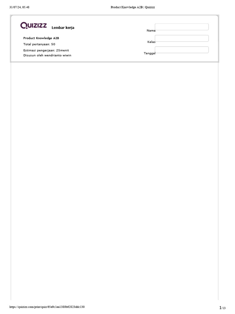 Product Knowledge A2B - Quizizz | PDF