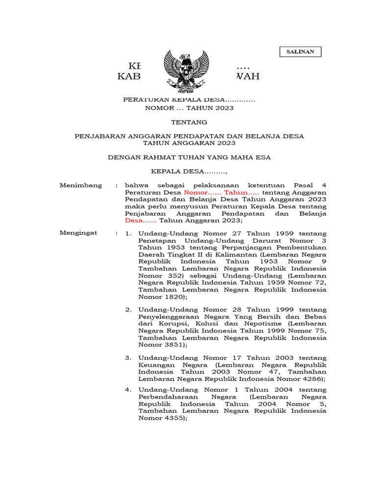 Draf Perkades Penjabaran APBDes 2023 | PDF | Pengelolaan Keuangan & Uang