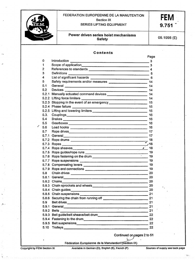 FEM 9.751-Power Driven Series Hoists Mechanisms Safety | PDF