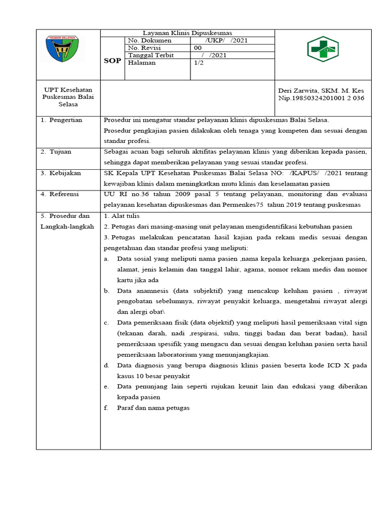 SOP Pelayanan Klinis Puskesmas | PDF | Sains & Matematika