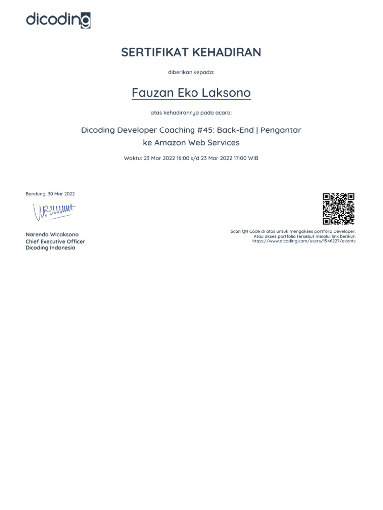 Dicoding Developer Coaching 45 Back End Pengantar Ke Amazon Web Services Certificate | PDF