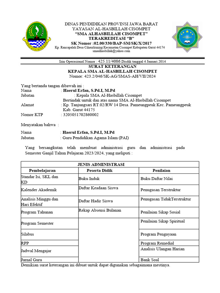 SK Kerja PAI 2023-2024 | PDF