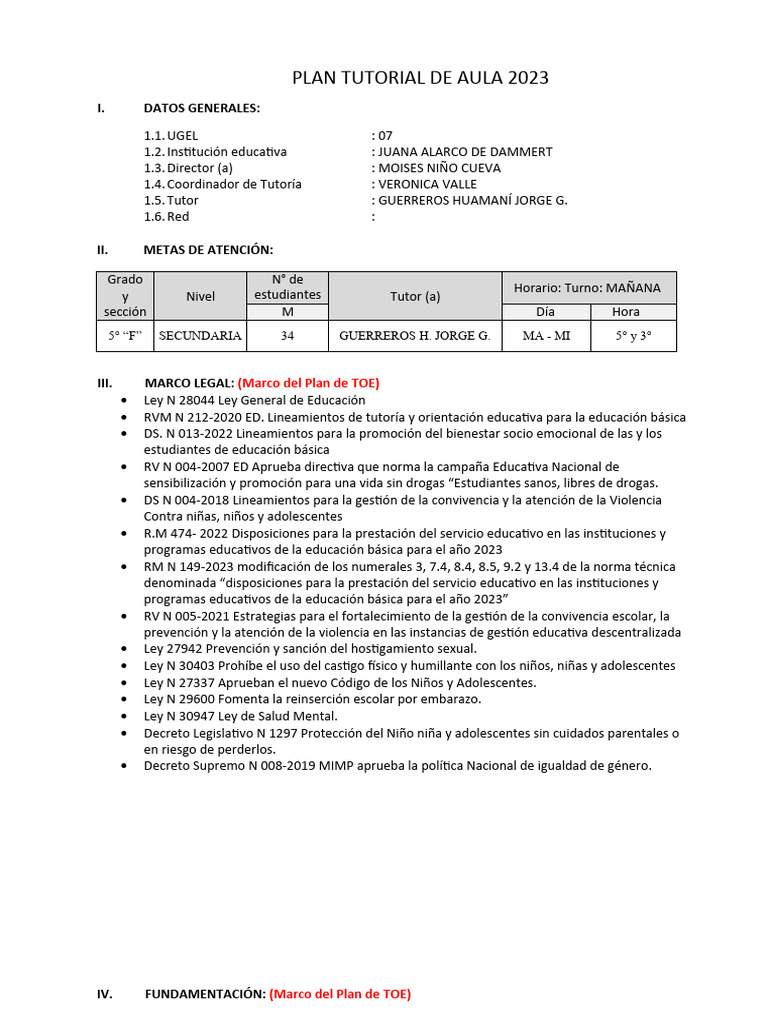 Plan Tutorial de Aula 2023 - Superv Ugel 07 | PDF | Evaluación | Salón de clases