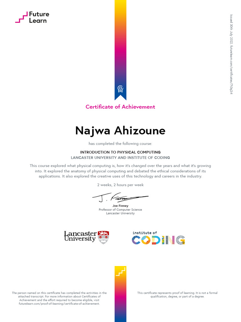 An Introduction To Physical Computing Certificate of Achievement 7t3q2i4 | PDF | Computing