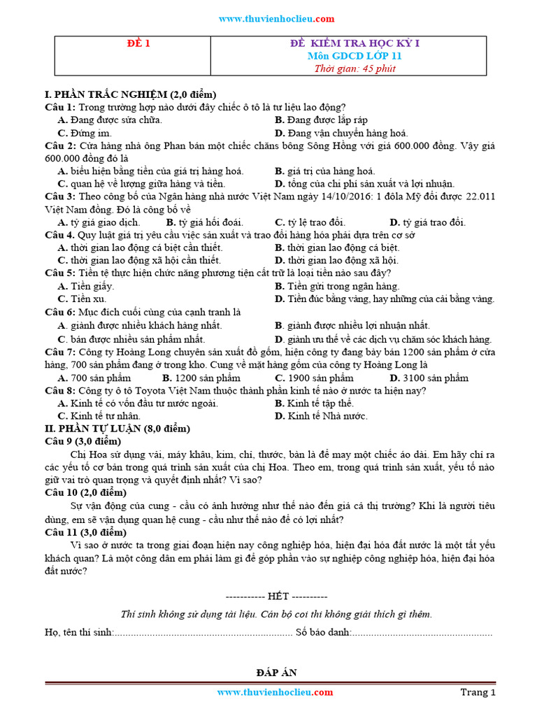 Bo de Thi Hk1 GDCD 11 Co Dap An | PDF
