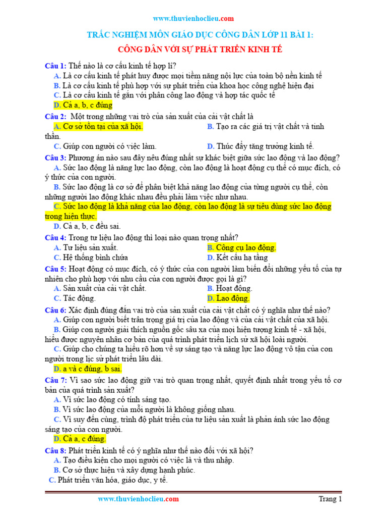 Trac Nghiem GDCD 11 Bai 1 | PDF