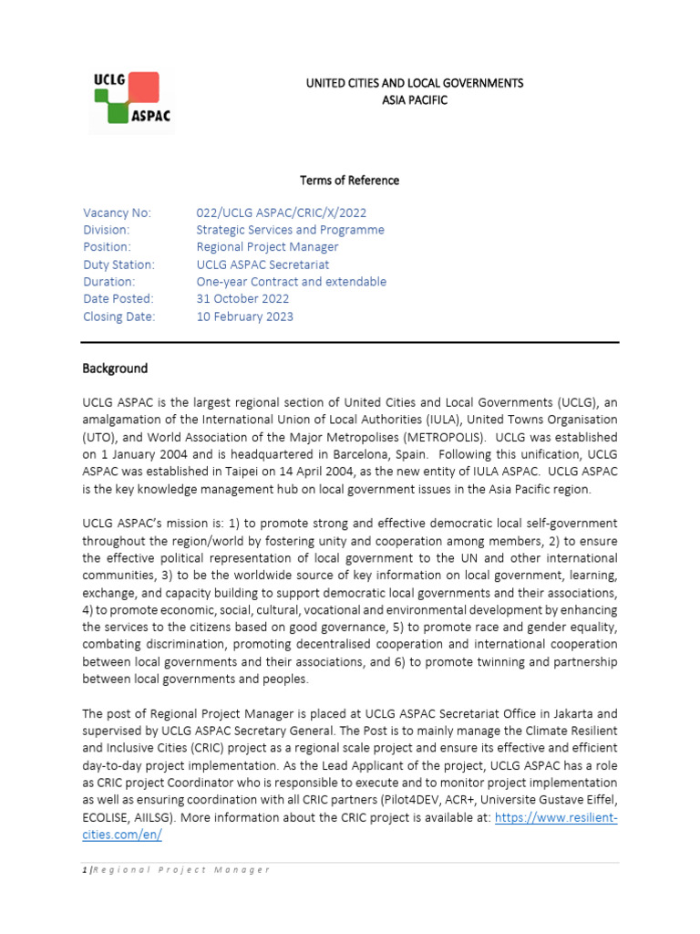 022 TOR Regional Project Manager CRIC Project - Final Posting III | PDF | Monitoring And ...