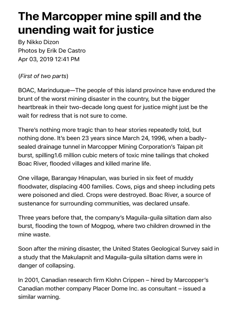 A The Marcopper Mine Spill and The Unending Wait For Justice VERA | PDF ...