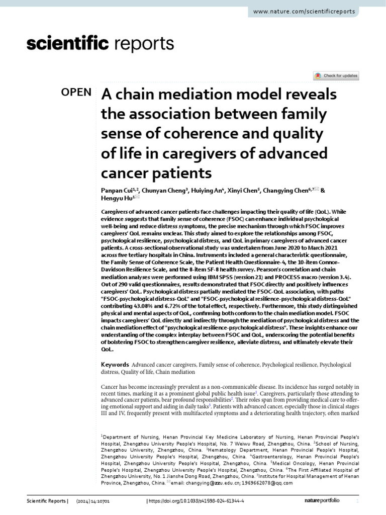 A Chain Mediation Model-Scientific Reports | PDF | Caregiver | Hospital