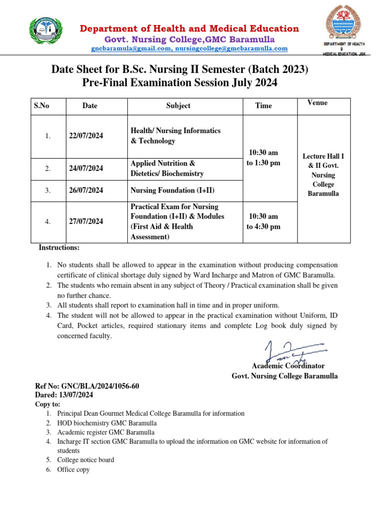 2nd Sem Date Sheet For B 2024 | PDF | Nursing | Health Sciences
