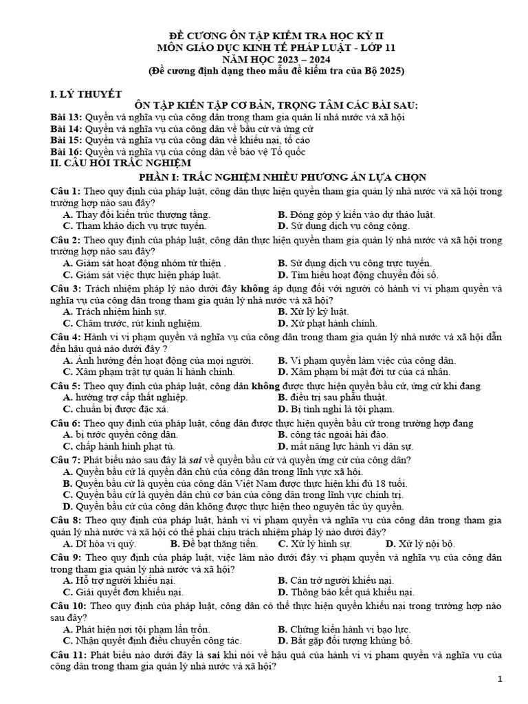 Đề cương CHK2 KTPL 11 NGT 23 24 | PDF