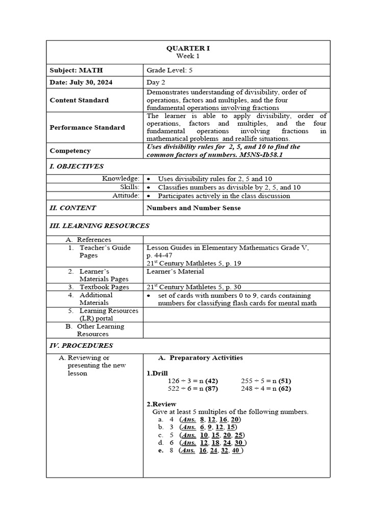 Math5 Q1 Week1 Day2 | PDF | Learning | Differentiated Instruction
