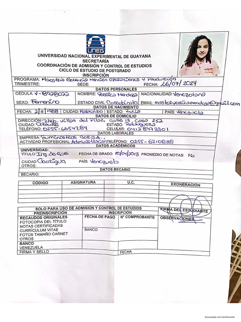 Planilla de Inscripción Uneg | PDF