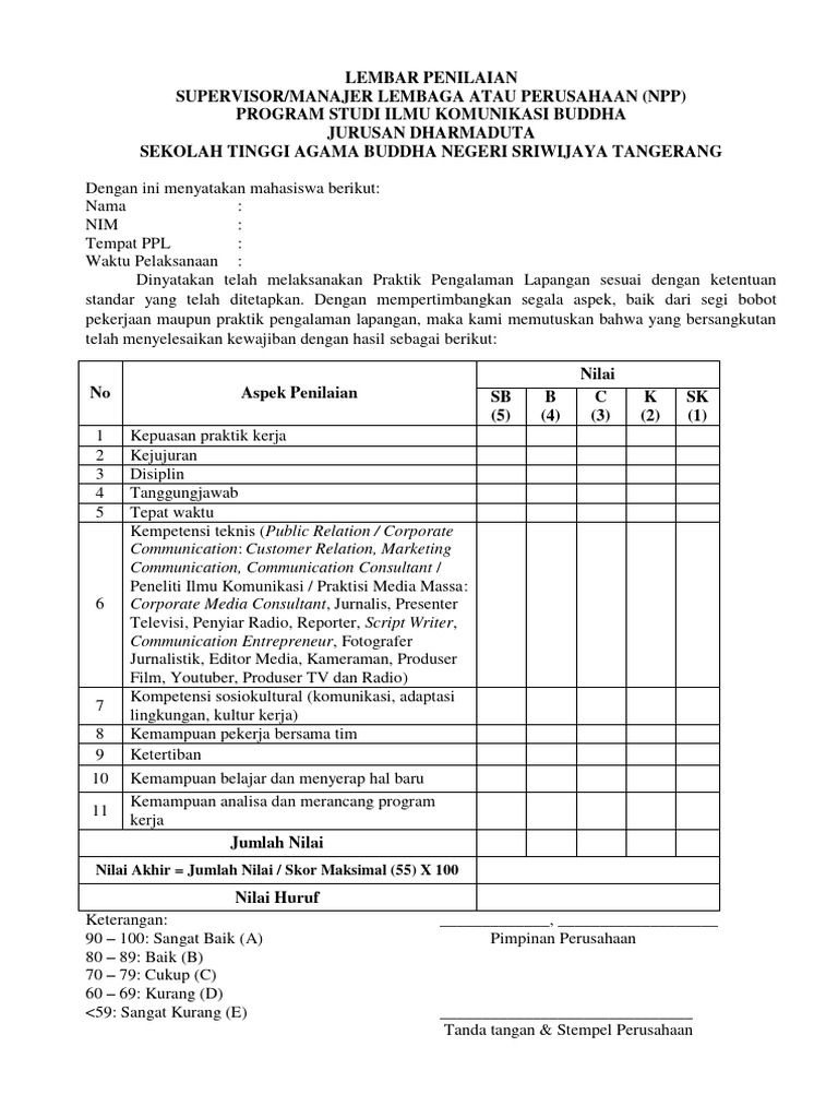Form Penilaian Mahasiwa PPL Prodi IKB Tahun 2023 | PDF