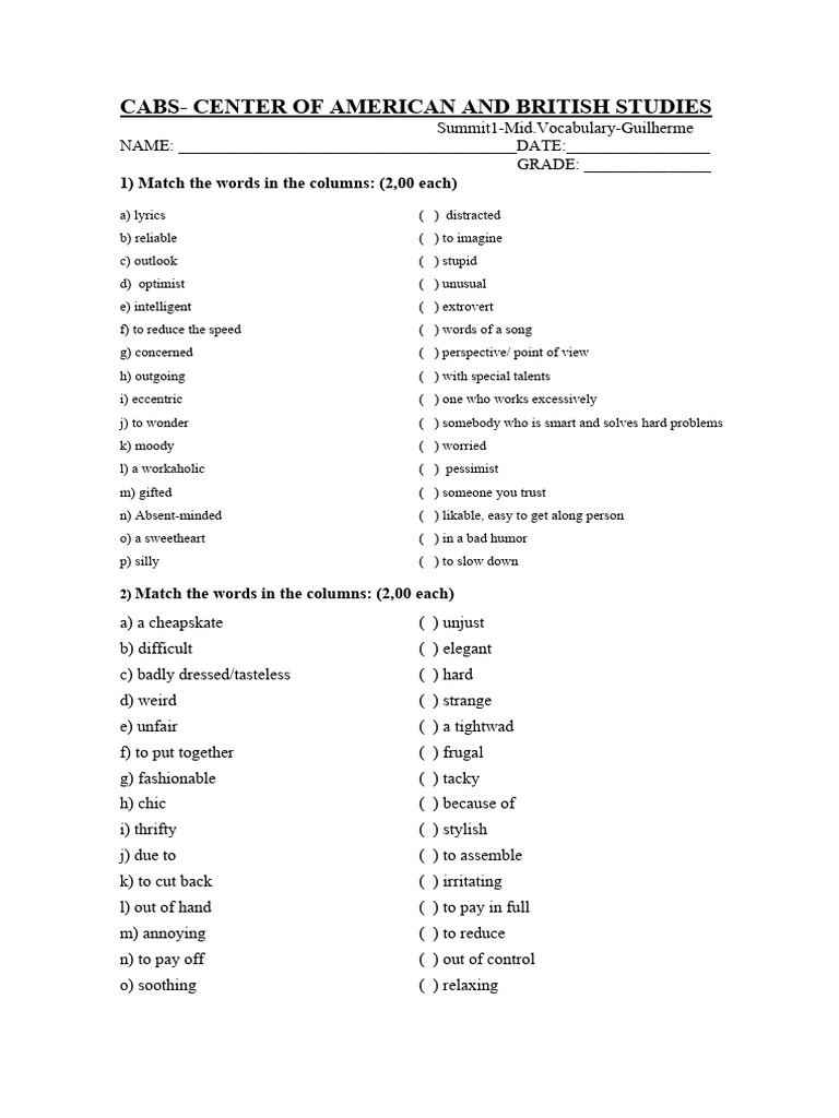 Vocabulary Matching Exercise Guide | PDF