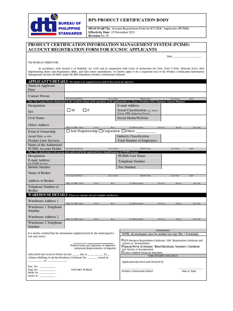SD-SCD-QF72a Account Registration Form For ICC or SOC Applicants (PCIMS ...