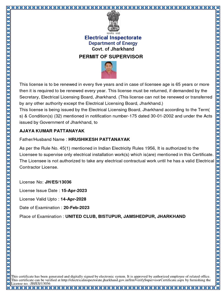 Jharkhand Electrical Supervisor License | PDF | License