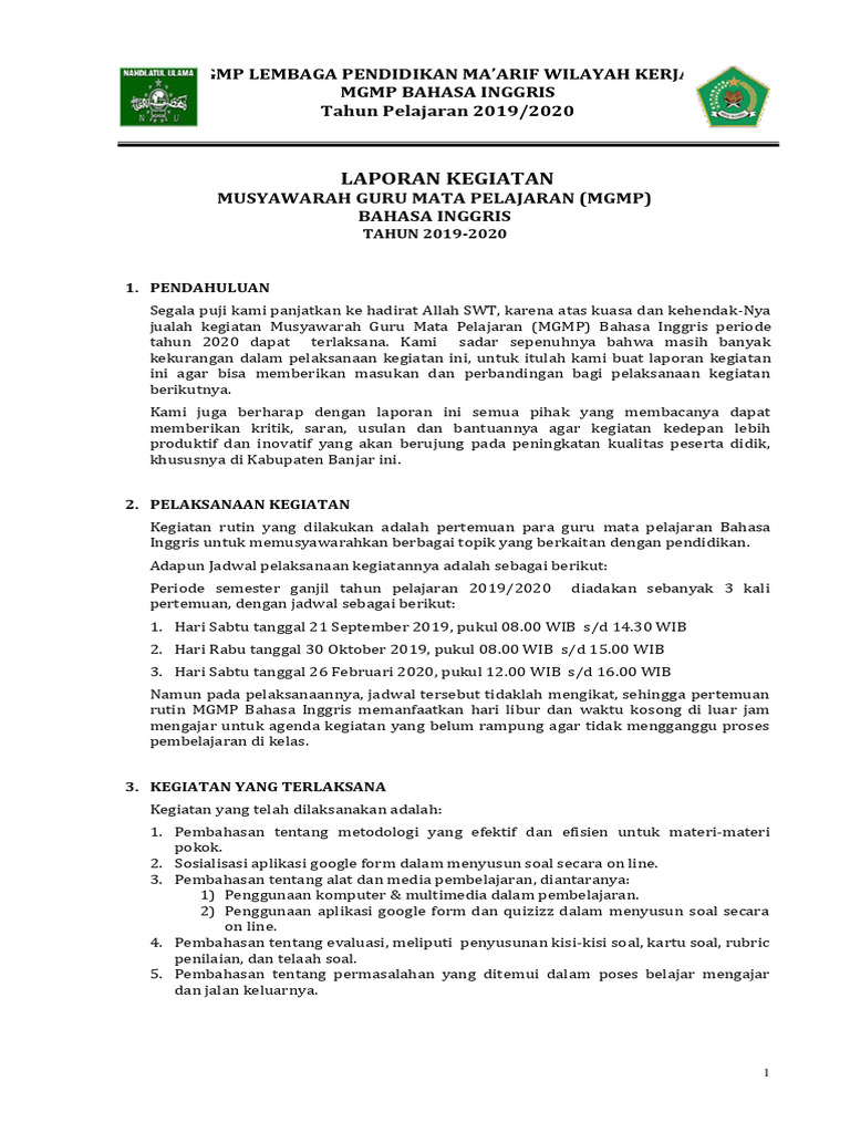 Laporan Kegiatan MGMP Bahasa Inggris 2020 | PDF