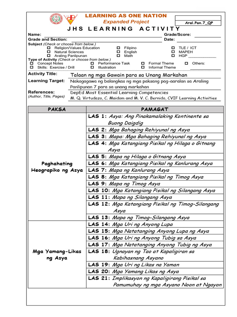 Aral Pan 7 Q1 Plan | PDF