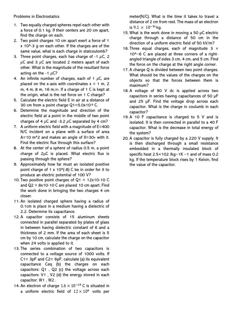 Problems in Electrostatics | PDF | Capacitor | Capacitance