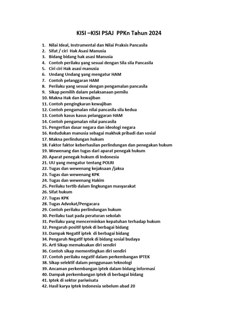 Kisi Kisi Psaj PPKN Tahun 2024 | PDF