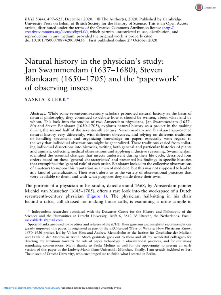 Natural History in The Physicians Study Jan Swammerdam 1637 1680 Steven ...